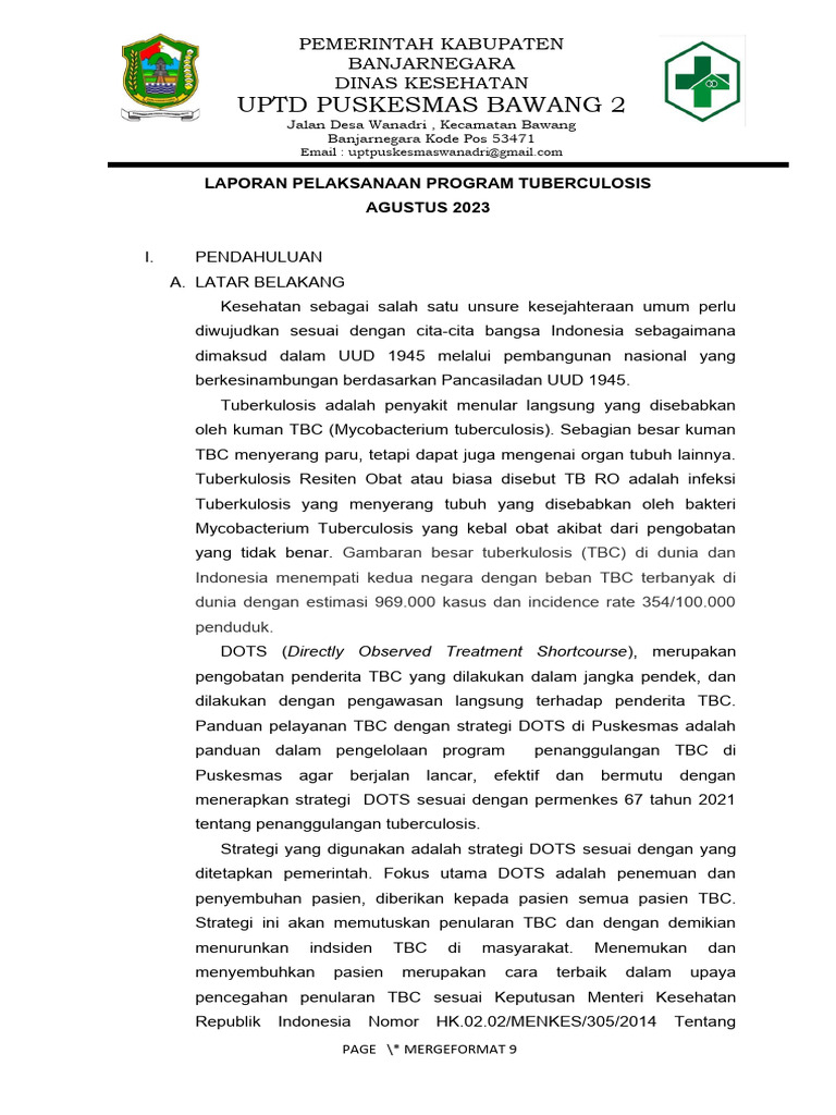 Lapbul TB Agustus I 23, Puskesmas Bawang 2 | PDF