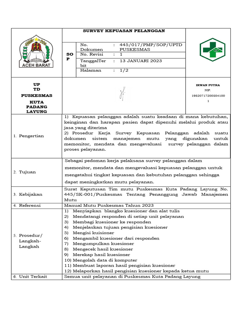 Sop 17 Survey Kepuasan Pelanggan | PDF