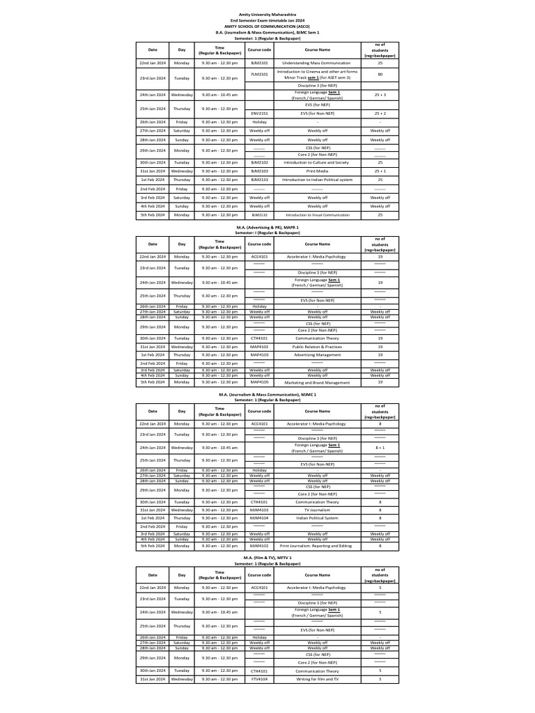 1st Sem Exam Timetable | PDF