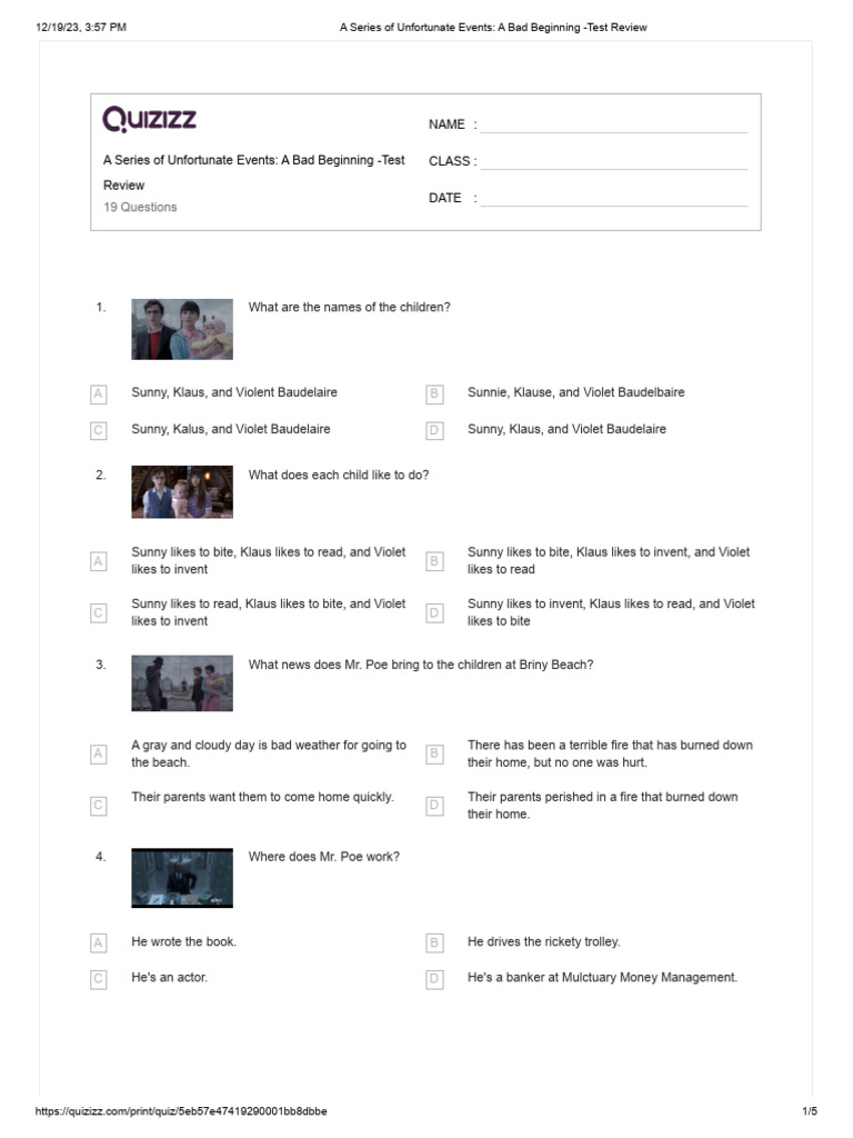 A Series of Unfortunate Events - A Bad Beginning - Test Review ...