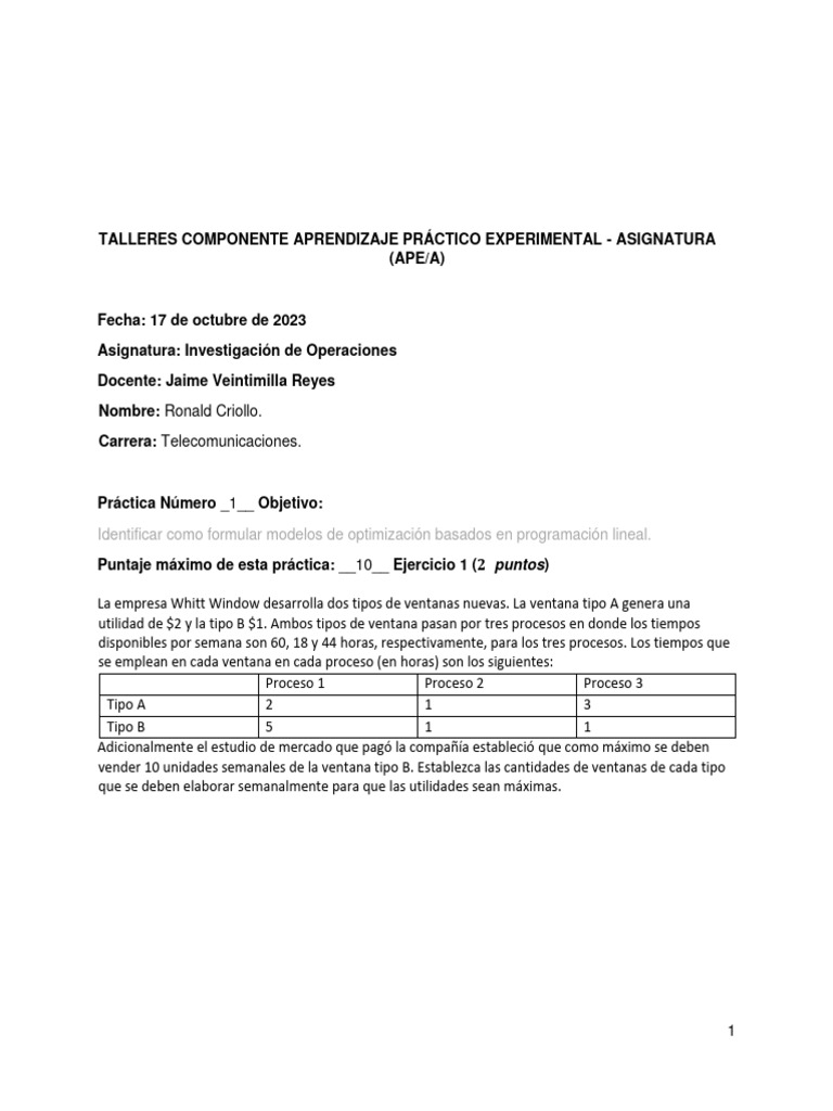 Practica 1 IO Ronald Criollo | PDF | Economias