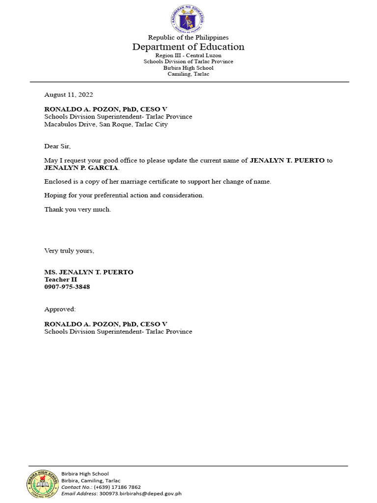 Change of Name Request Letter Address To SDS | PDF