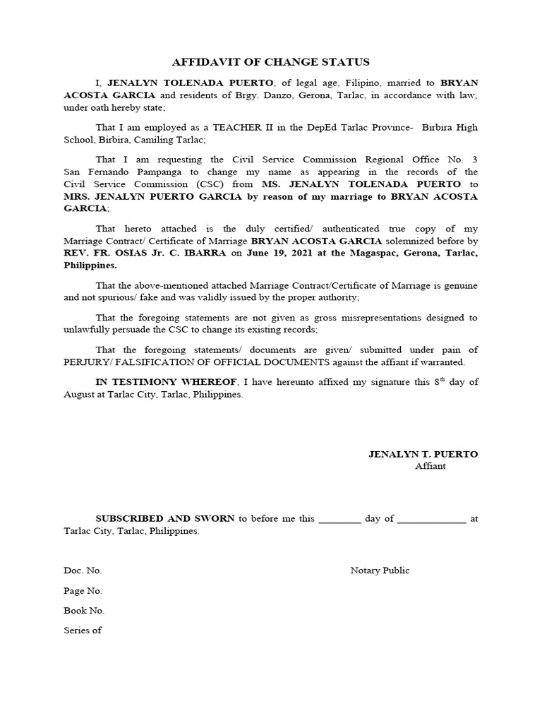 Affidavit of Change Status | PDF | Social Science