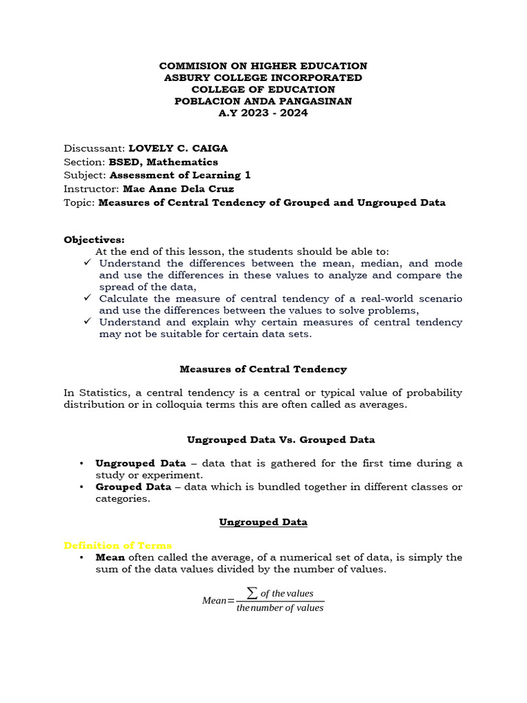 Central Tendecy of Grouped and Ungrouped Data | PDF | Mode (Statistics) | Median