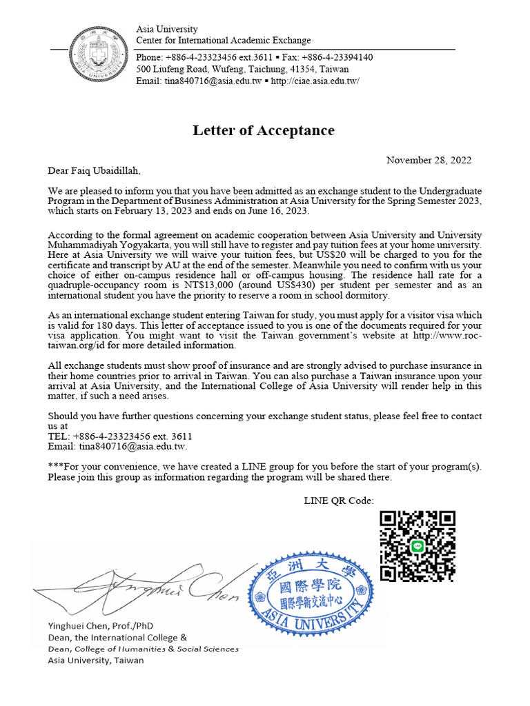 Letter of Acceptance - Exchange Program - Faiq Ubaidillah | Download ...