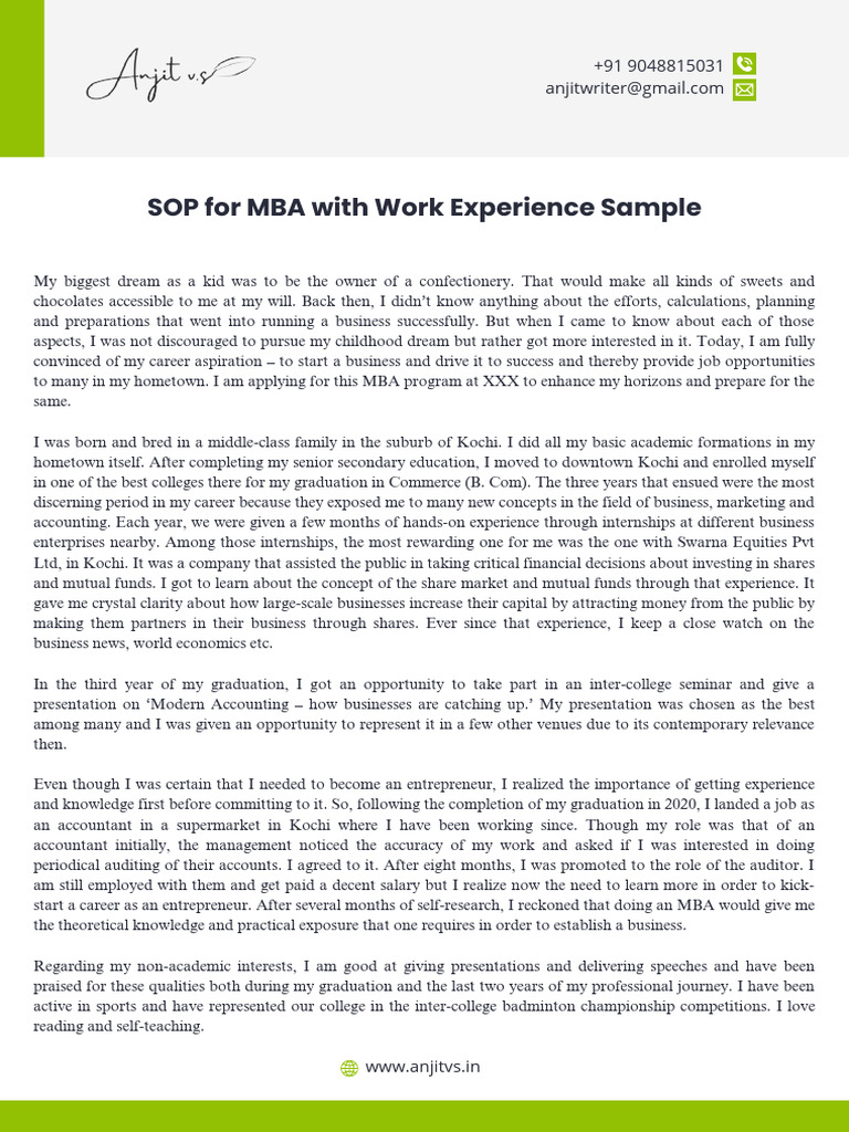 SOP For MBA With Work Experience Sample | PDF