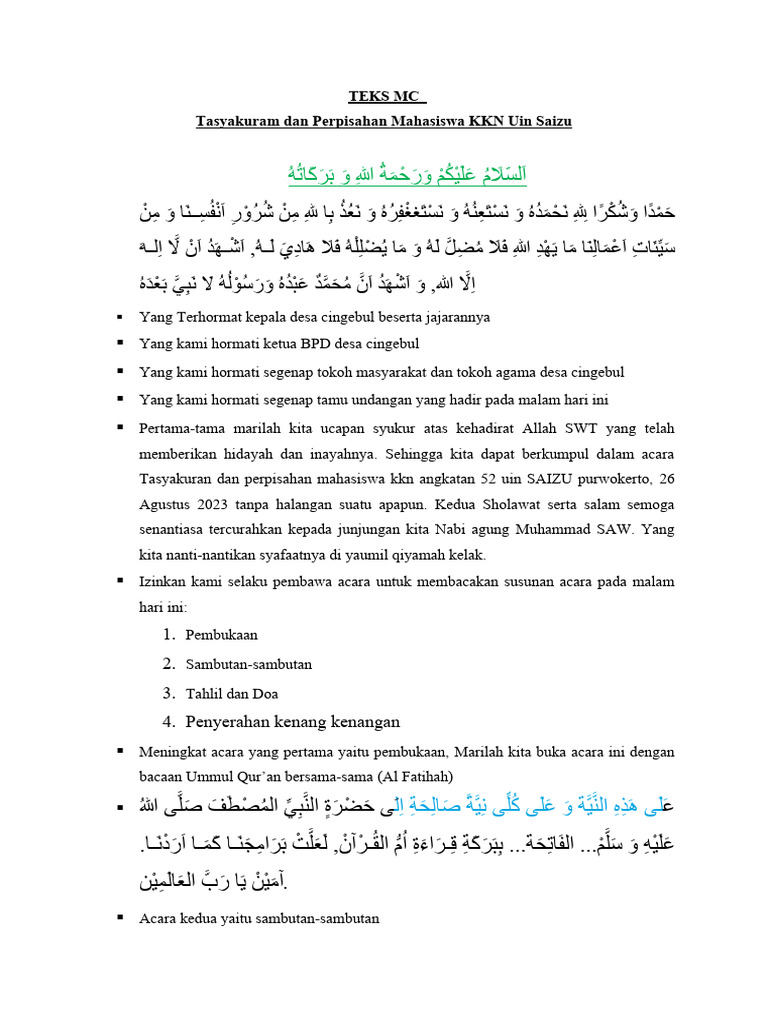 Teks MC Pengajian Dan Syuraan Masjid Baitussalam Desa Cingebul | PDF