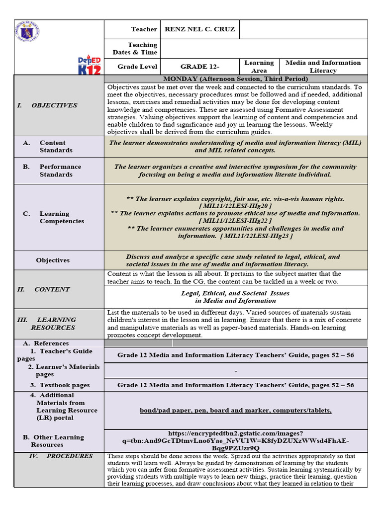 Detailed Lesson Plan in MIL 12 Legal Ethical and Societal Issues in ...