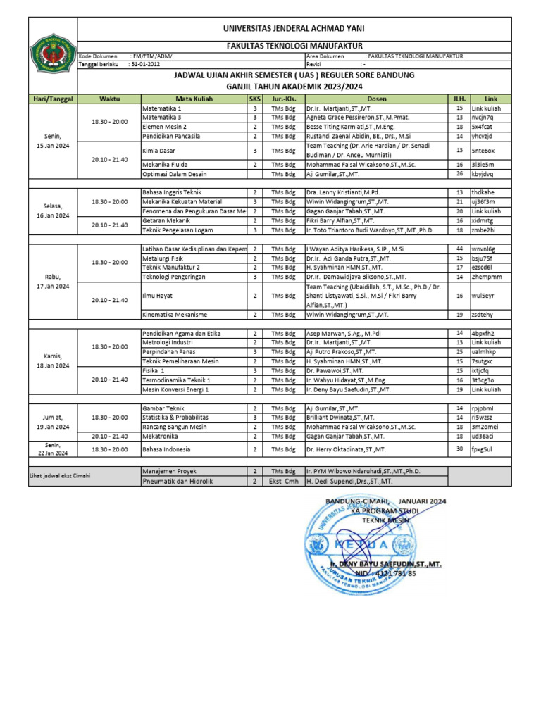 Jadwal Uas Reg Sore BDG | PDF
