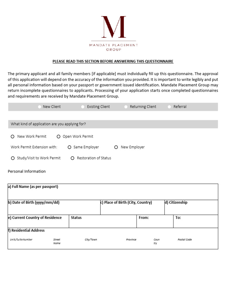 New Work Permit Questionnaire | PDF | Social Institutions | Justice
