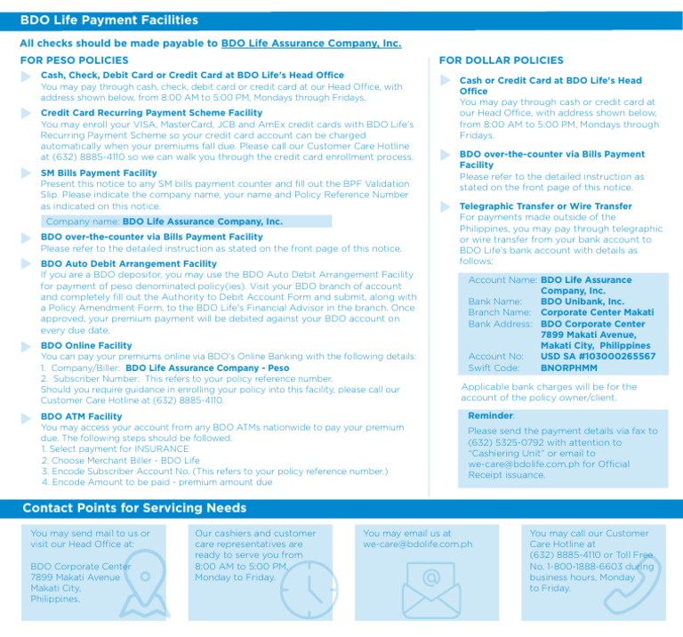 BDO Life Insurance Payment Options | PDF | Credit Card | Debit Card