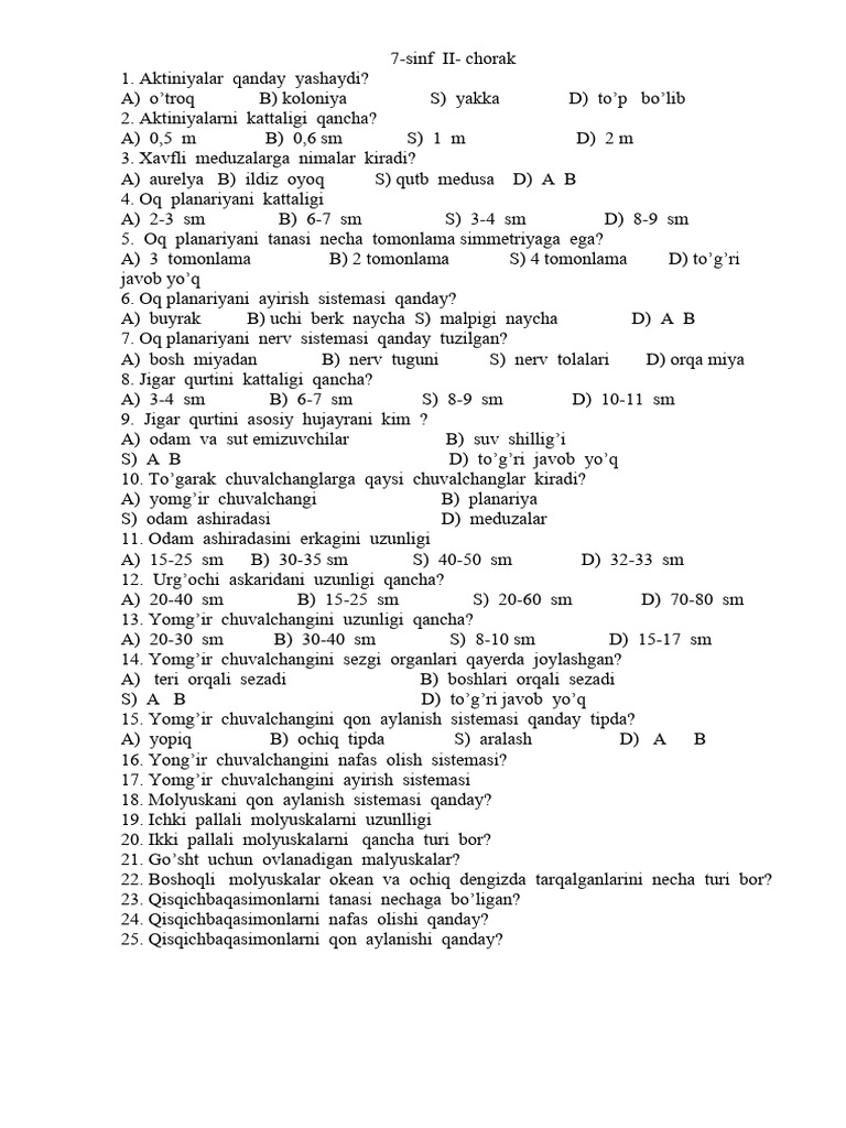 7 Sinf Biologiya Botanika Fanidan Testlar 2 | PDF