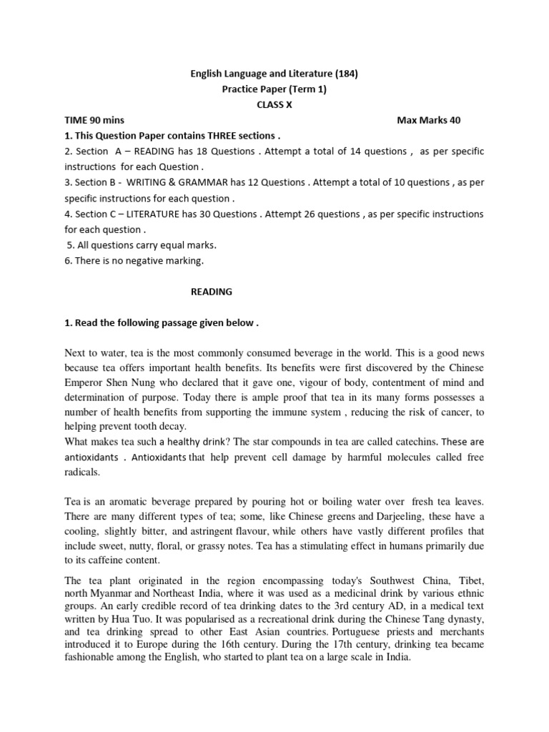 10 English Sample Paper 1 | PDF | Tea