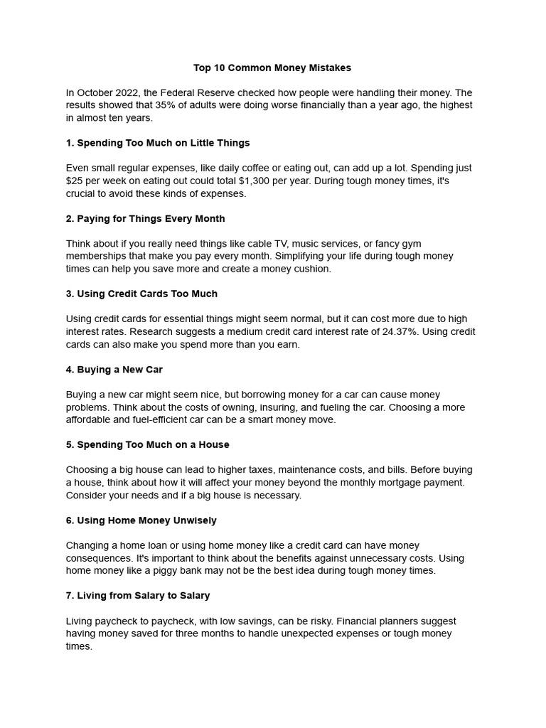 Top 10 Common Money Mistakes | PDF