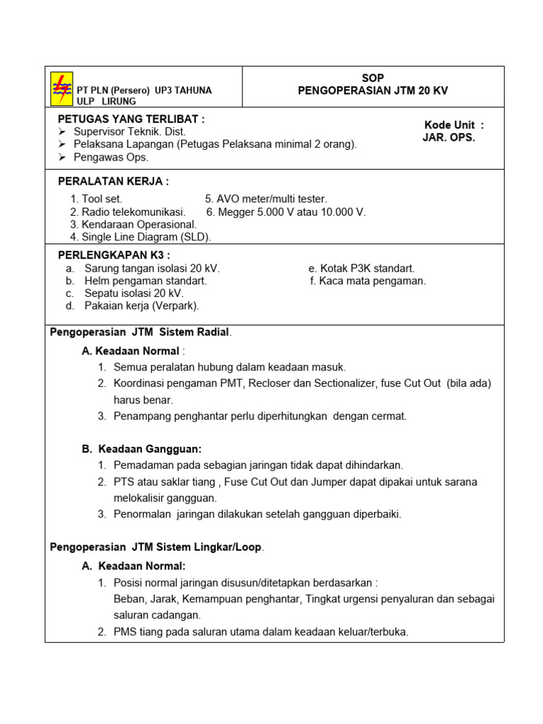 Sop Pengoperasian JTM 20 KV | PDF