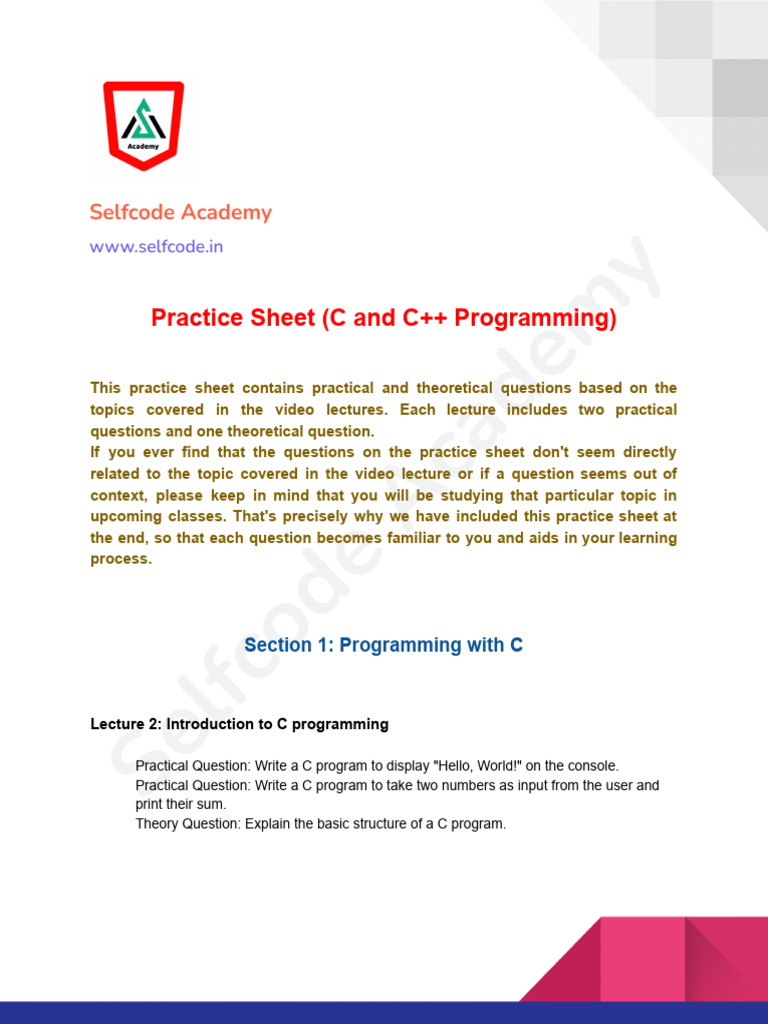 Practice Sheet (C and C Programming) | PDF