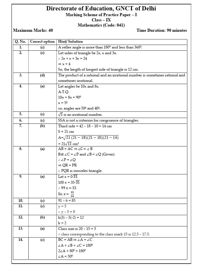 Class 9 Mathematics Marking Scheme 01 | PDF | Euclidean Geometry ...