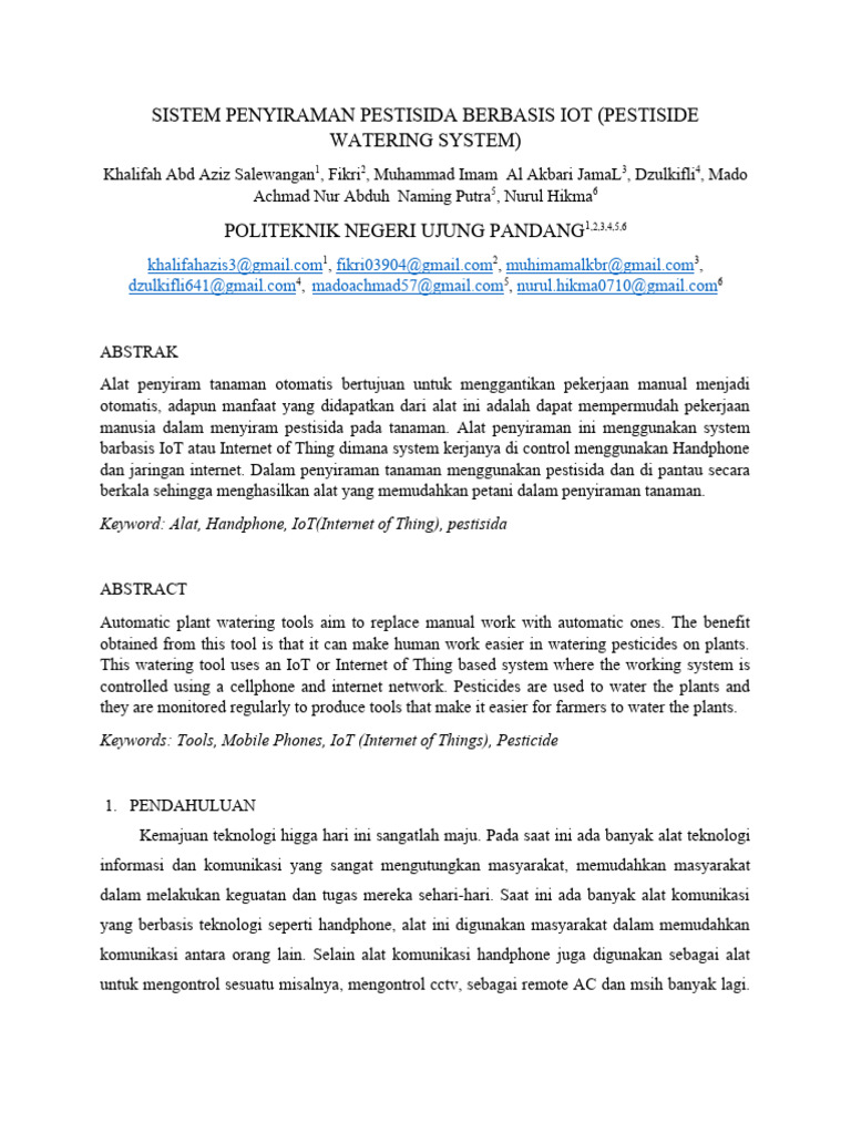 Jurnal Sistem Penyiraman Pestisida Berbasis Iot | PDF Jurnal Sistem Penyiraman Pestisida Berbasis Iot | PDF