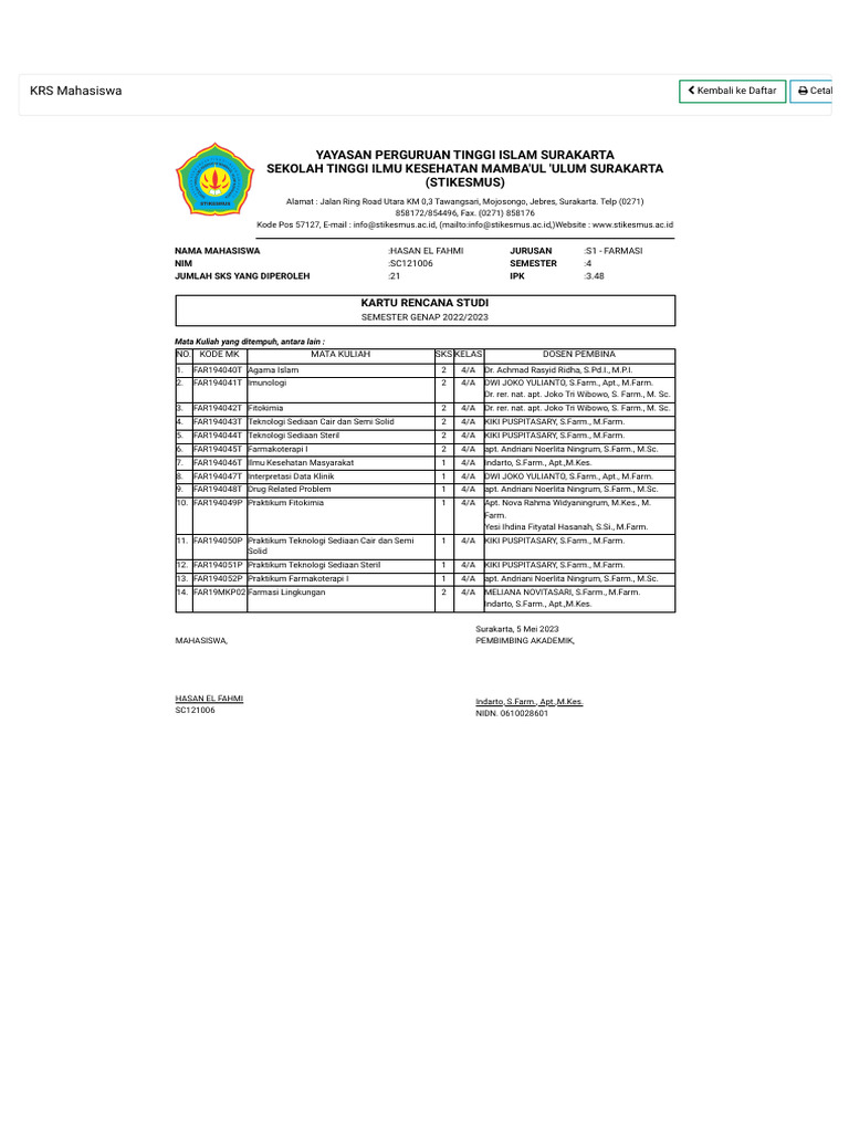 KRS Semester Genap Hasan El Fahmi | PDF