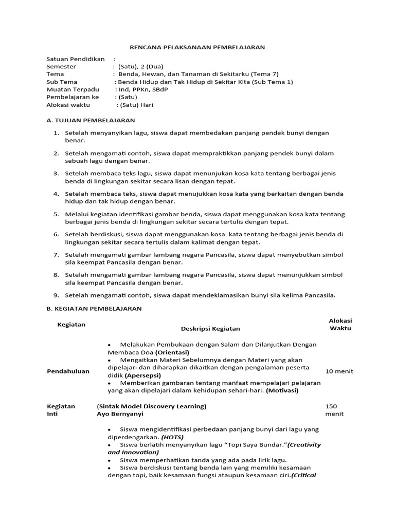 Contoh RPP 1 Hal | PDF