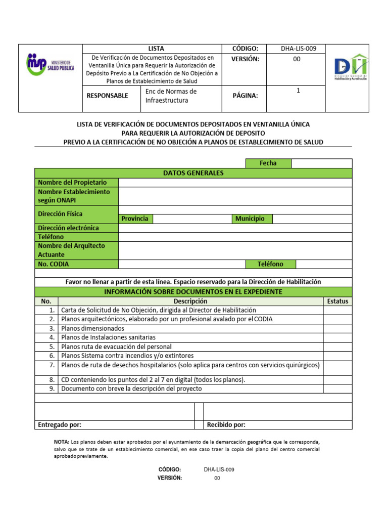 DGHA LIS 009 Lista de Verificación de Cumplimiento de Requisitos Soli No Objecion de Planos 02 ...