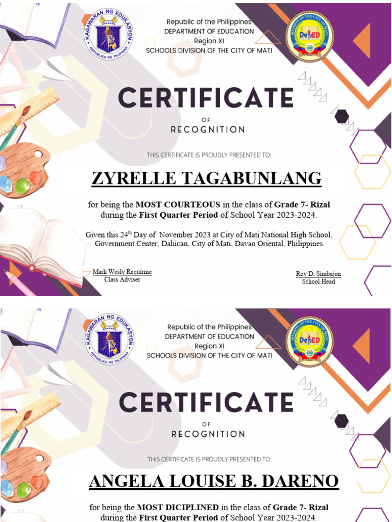 CMNHS Certs Meritorious FINAL | PDF