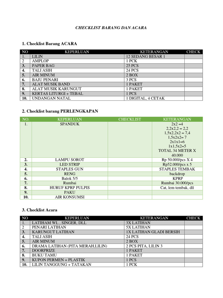 Checklist Barang Dan Acara | PDF