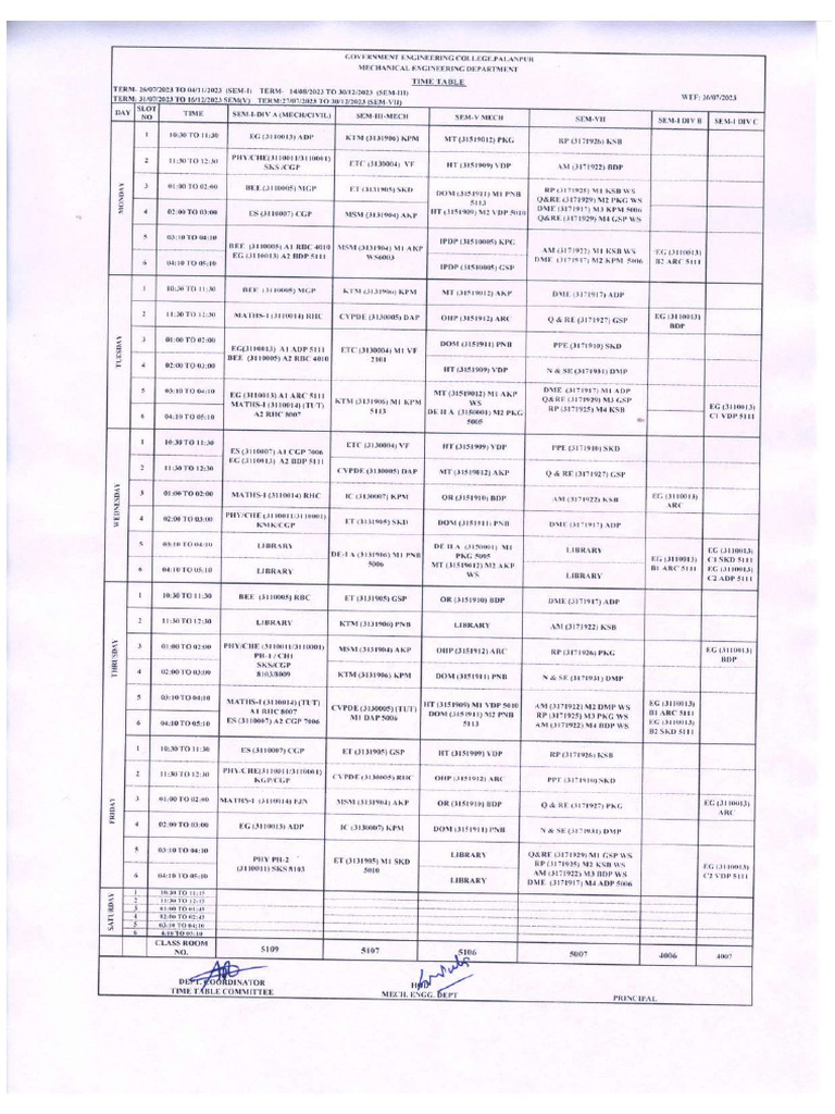 TT MECH ODD 2023-24 WEF 26-07-2023 Revised | PDF
