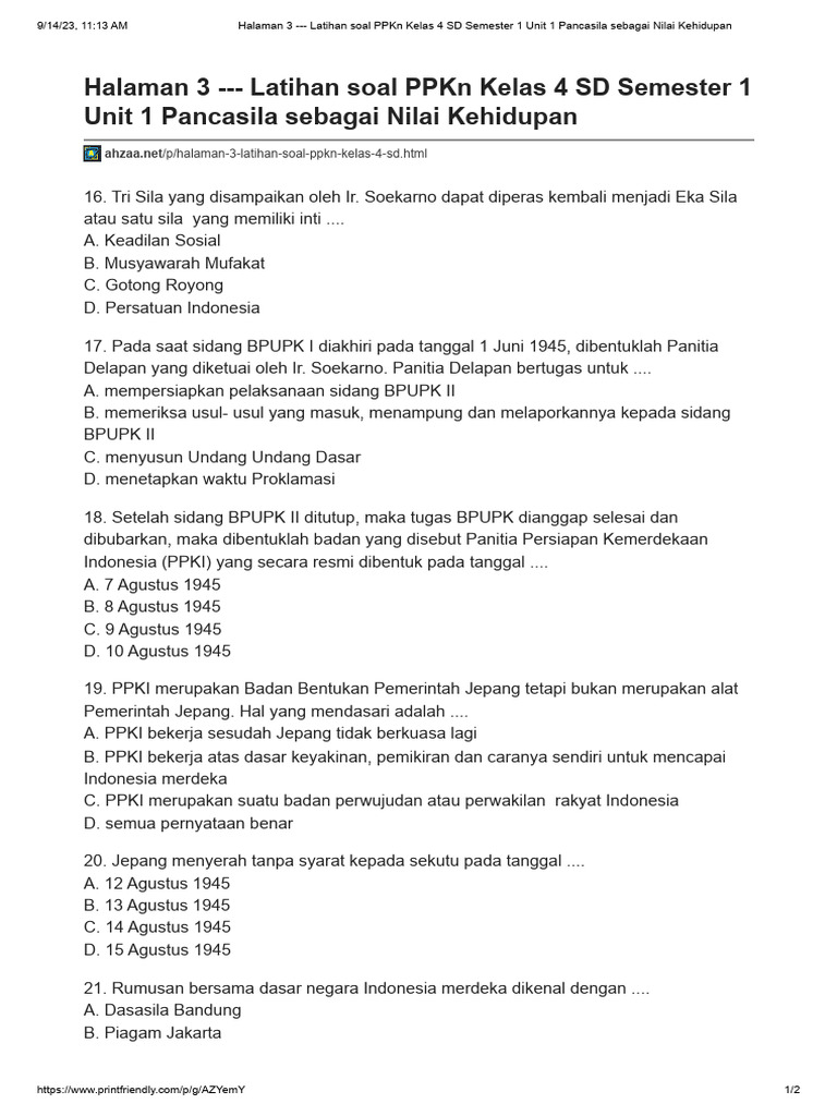 Halaman 3 - Latihan Soal PPKN Kelas 4 SD Semester 1 Unit 1 Pancasila Sebagai Nilai Kehidupan | PDF