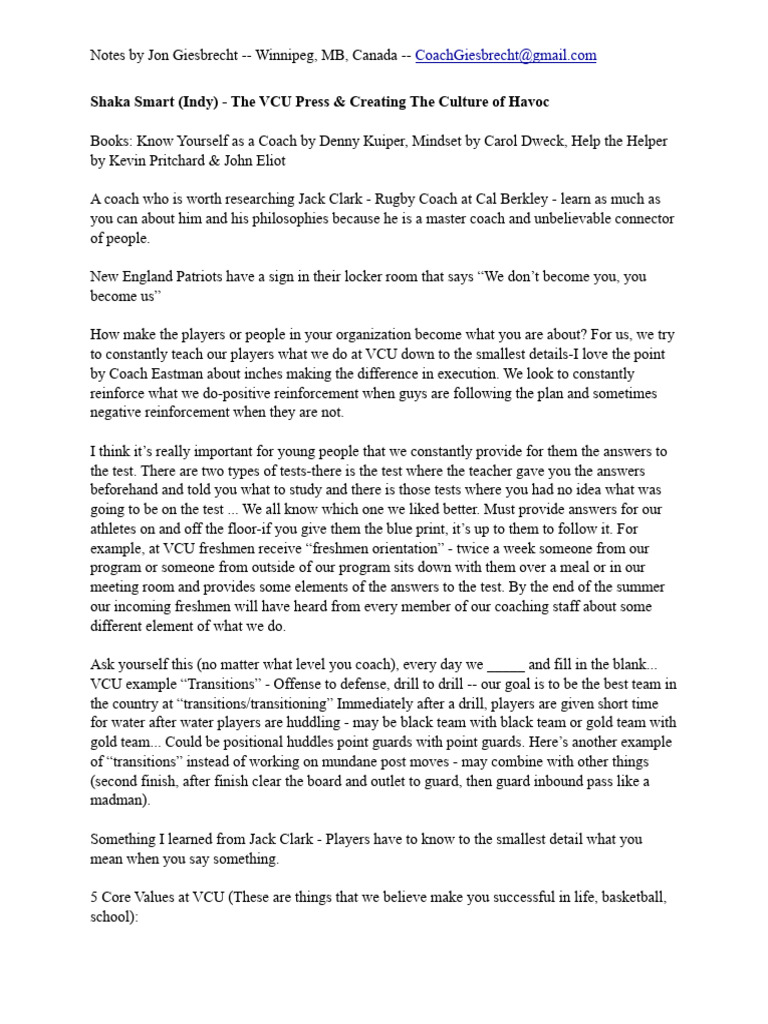 Shaka Smart The Vcu Press Creating The Culture of Havoc | PDF