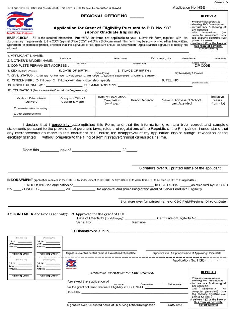 HGE Application Form CS Form 101 | PDF | Identity Document | Government