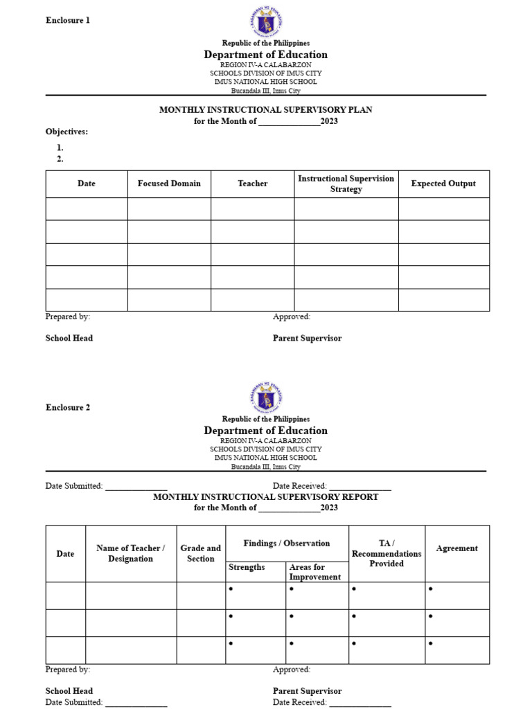 Monthly Instructional Supervisory Plan 2023 | PDF