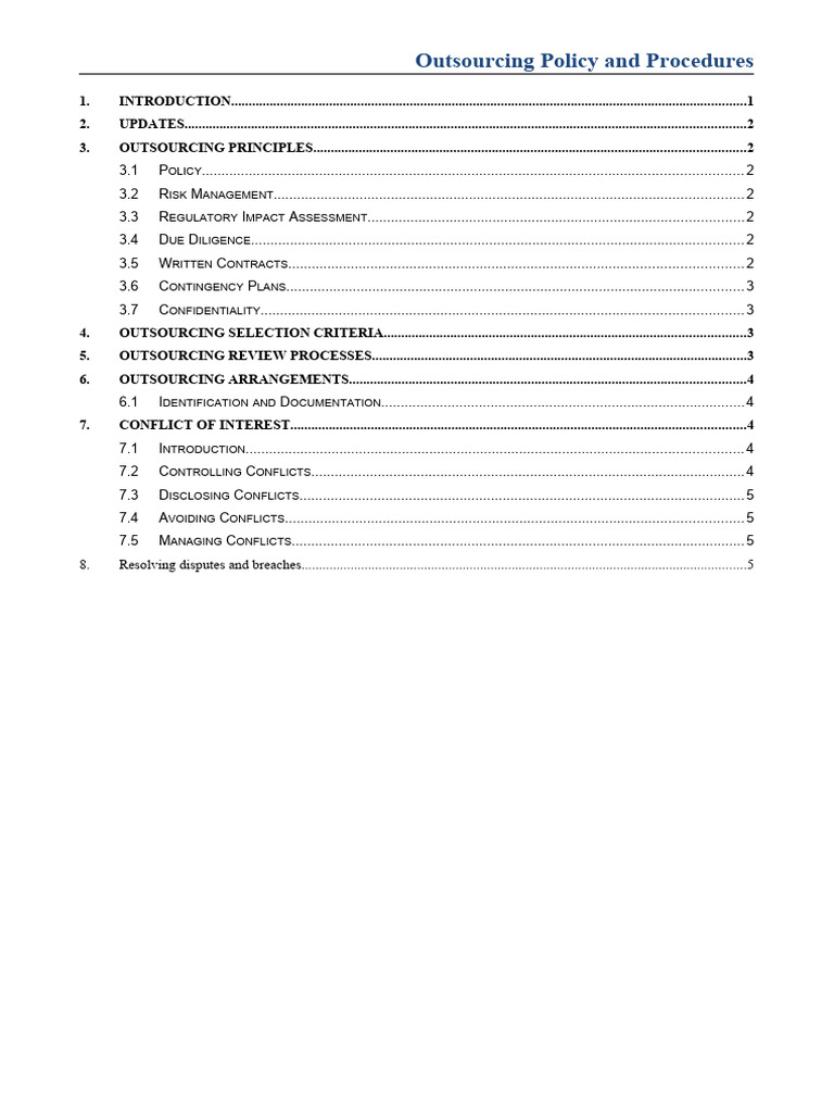 Outsourcing Policy and Procedures | PDF | Outsourcing | Conflict Of ...