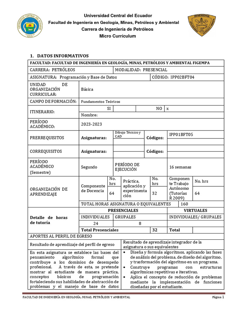 P02programación y Base de Datos 2023-2023 | Descargar gratis PDF | Plan de estudios | Evaluación
