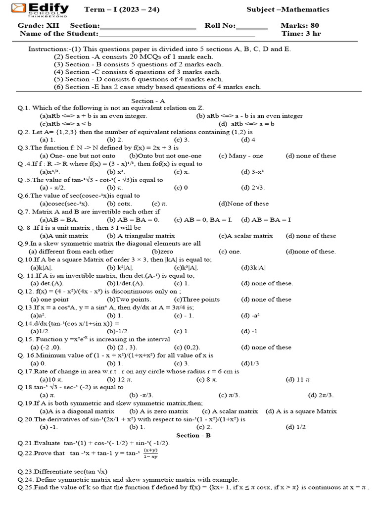 MATHEMATICS G-12 ( practice paper class 12) | PDF | Matrix (Mathematics ...