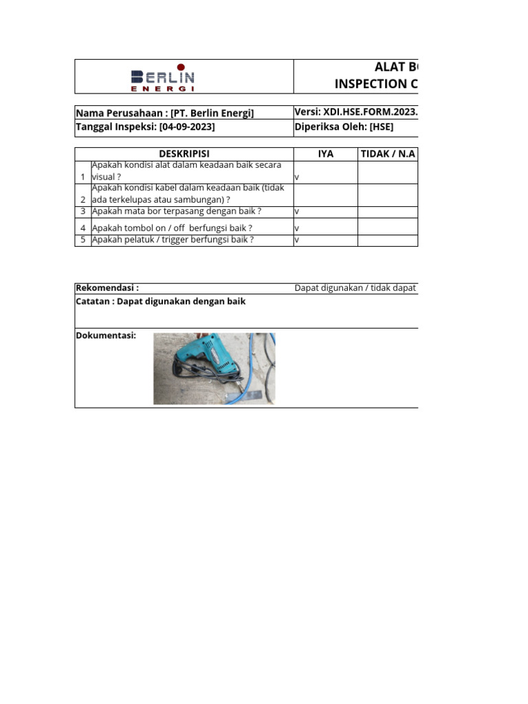 Hse - Form - Inspeksi Alat Kerja v.1.0 | PDF