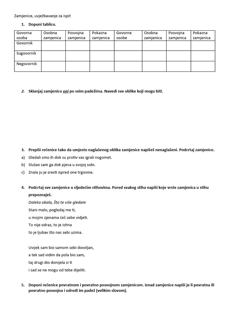 Zamjenice - Vježba 6.a | PDF