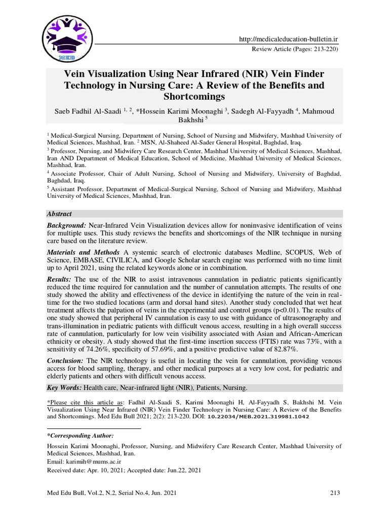 Vein Visualization Using Near Infrared (NIR) Vein Finder_Pages 213-220 | PDF | Medicine | Nursing