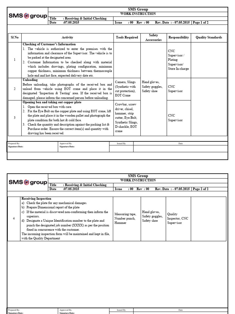 SMI - BBSR - OPN - WI 01.01, Receiving and Initial Checking | PDF ...
