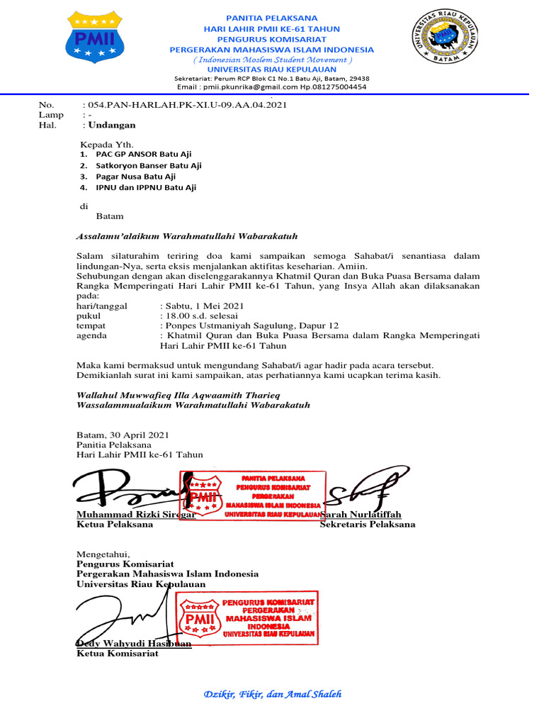 Surat Undangan Harlah Pmii Banom Nu | PDF