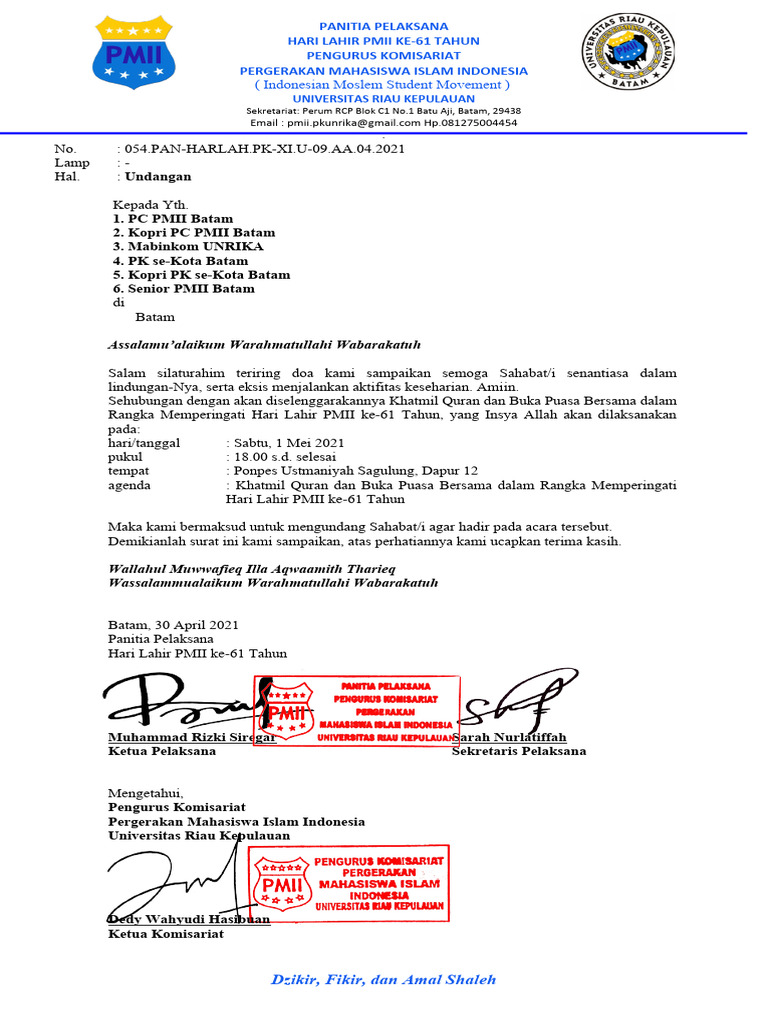 Surat Undangan Harlah Pmii | PDF