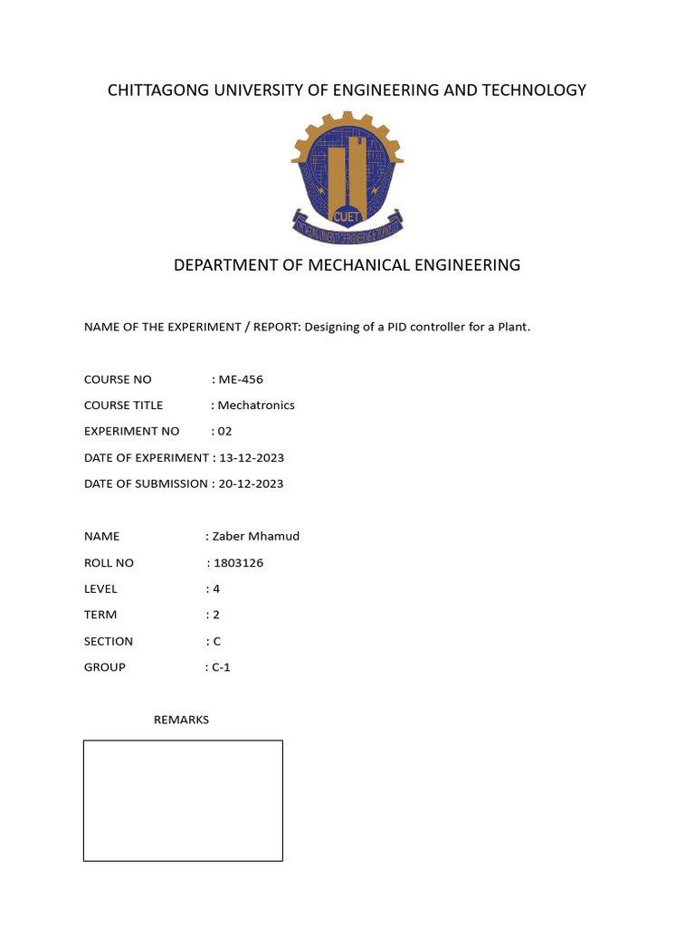 Mechatronics PID Controller Design | PDF | Technology & Engineering