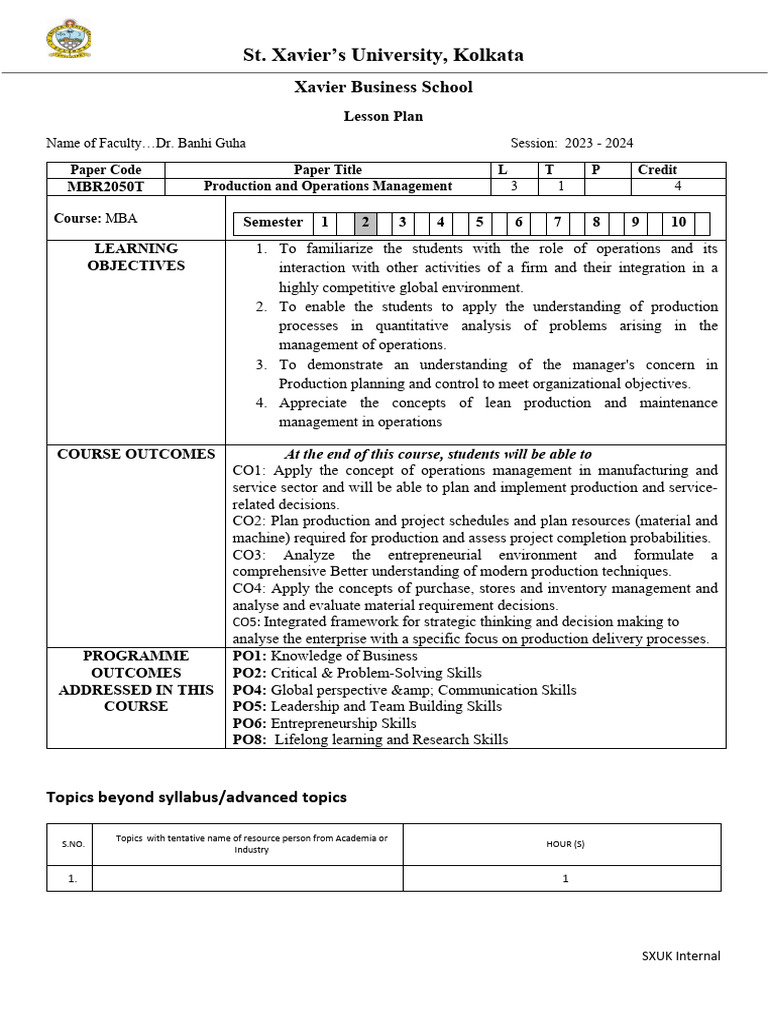 MBR2050T - POM - Lesson Plan | PDF