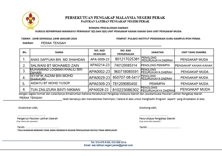 Borang Pencalonan KMK - Peringkat - 3 - IPG - IPOH - PKK | PDF