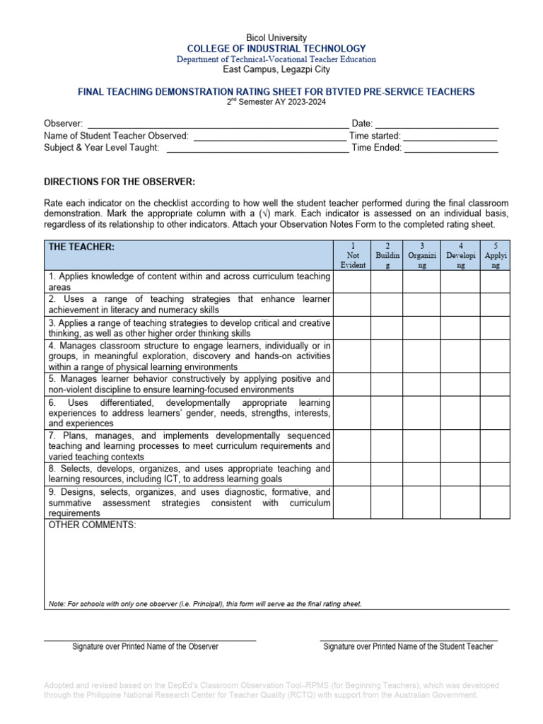 Final Teaching Demo Rating Sheet 2023-2024 | PDF | Learning | Teachers
