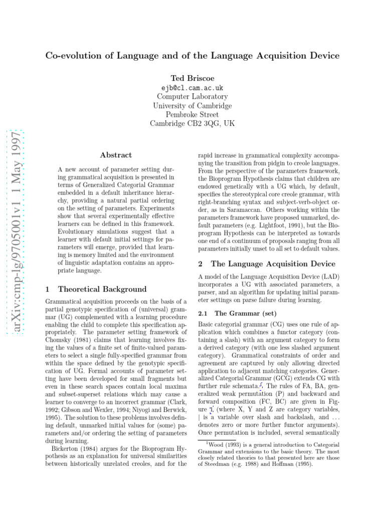 Co-Evolution of Language and of The Language Acquisition Device | PDF