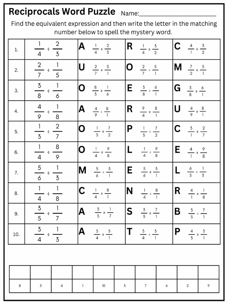 DividingFractionsandIdentifyingReciprocalsWordPuzzleTEKS63A 1 | PDF