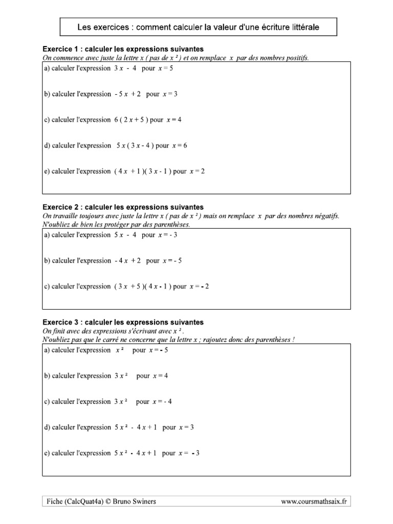 Exercices Comment Calculer Ecriture Litterale | PDF