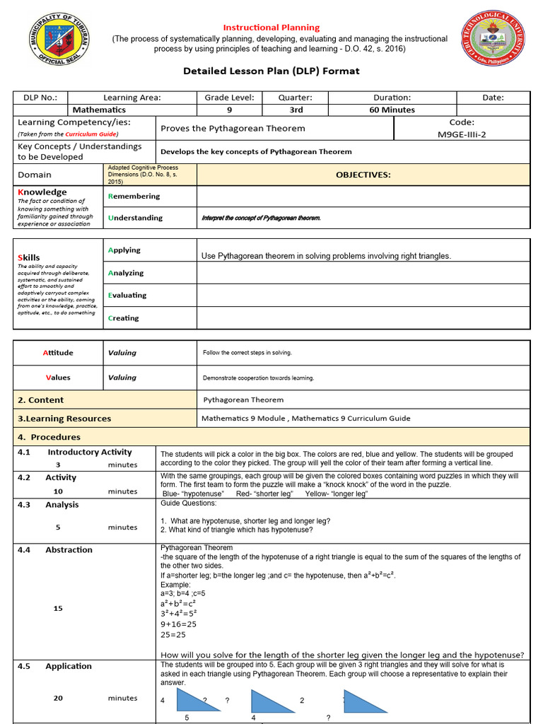 Detailed Lesson Plan (DLP) Format: Learning Competency/Ies: Proves The Pythagorean Theorem Code ...