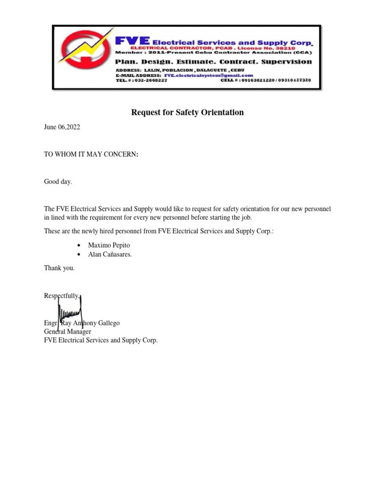 Request For Safety Orientation | PDF